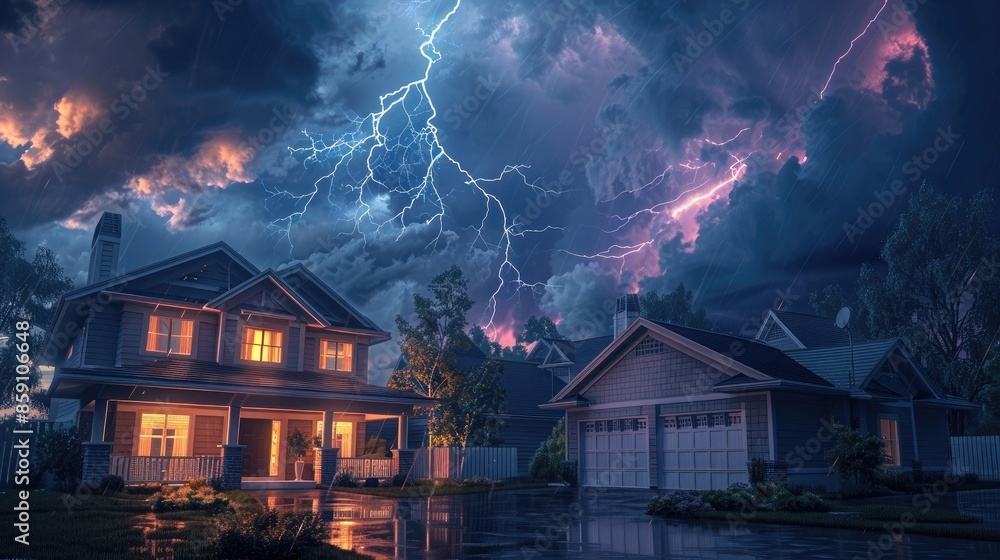 Lightning storm striking over a suburban house, storm, lightning, house ...