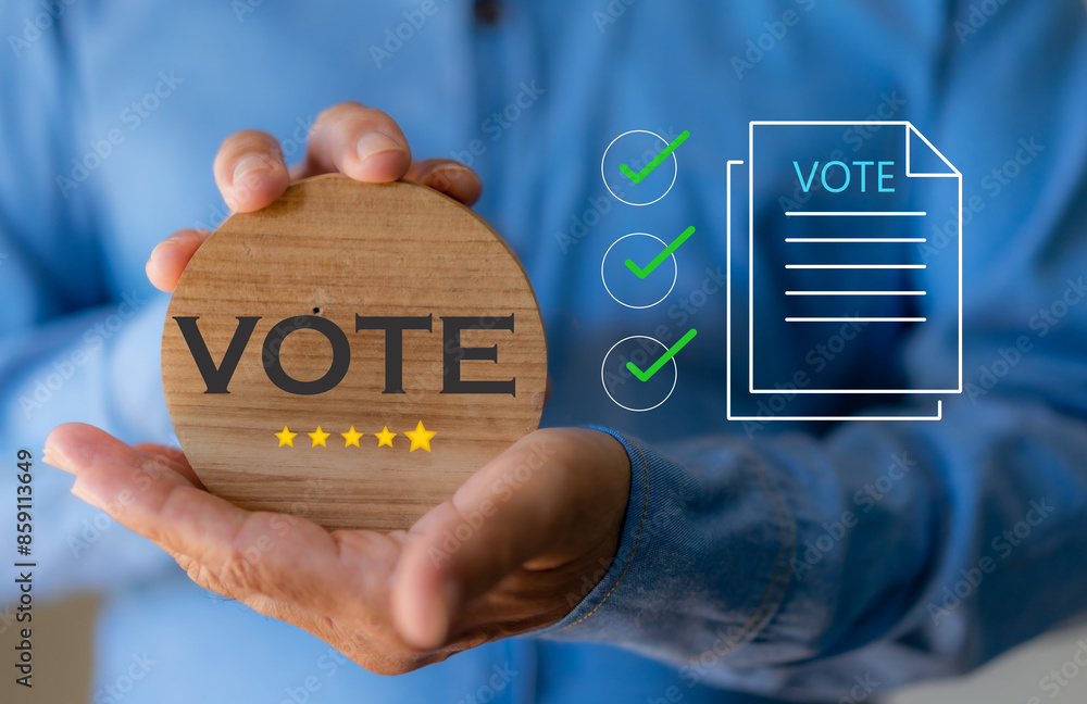 Person hold the word VOTE, election, Digital of checkmarks and voting ...