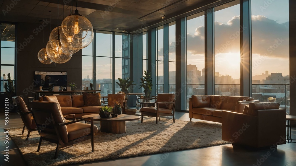 modern office break room or lounge with aesthetic warm lighting with ...