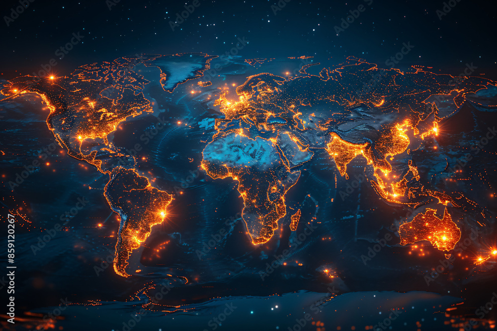 A digital world map illustrating the continents, vividly outlined with ...