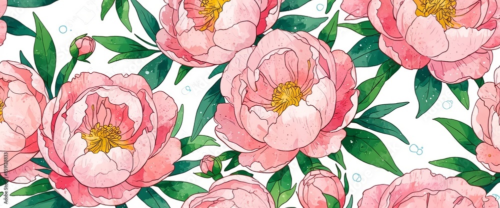 Peonies, A Bouquet of Pink Peonies in a cute anime watercolor style ...