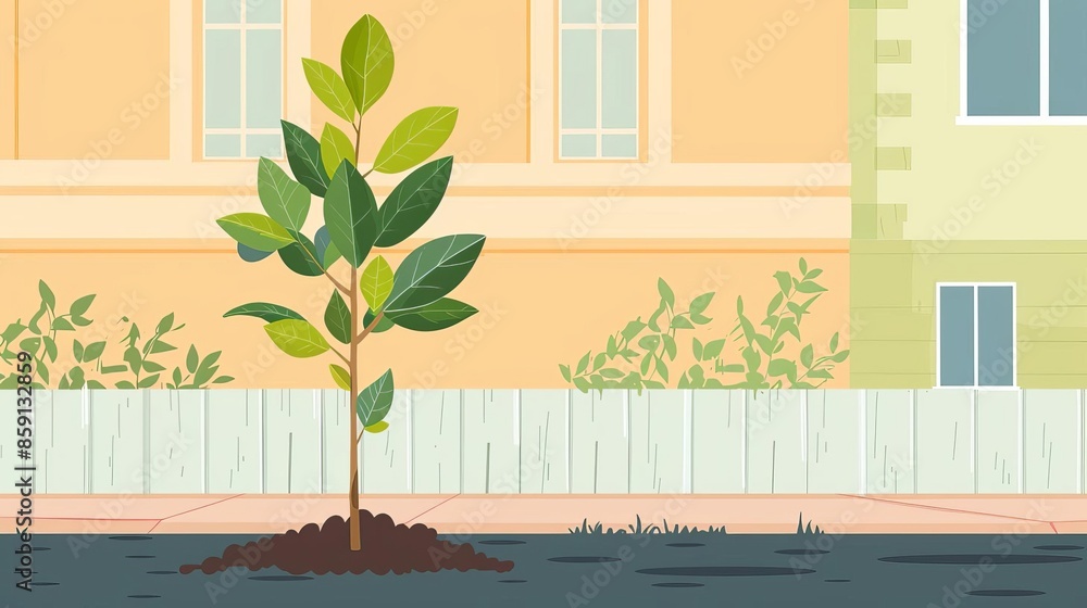Urban tree planting flat design side view environment theme cartoon ...