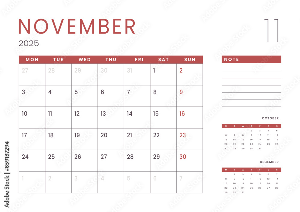 Monthly page Calendar Planner Templates of November 2025. Vector layout ...