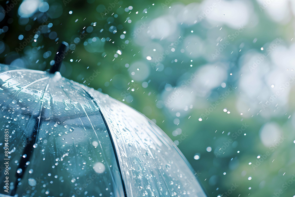 Transparent umbrella under rain against water drops splash background ...