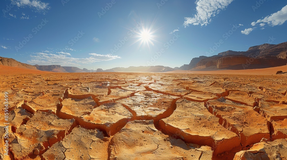 An expansive sunlit desert with dry cracked earth stretching to the ...