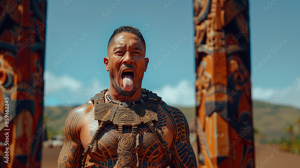 A Samoan warrior with his tongue out and traditional clothes ready for ...