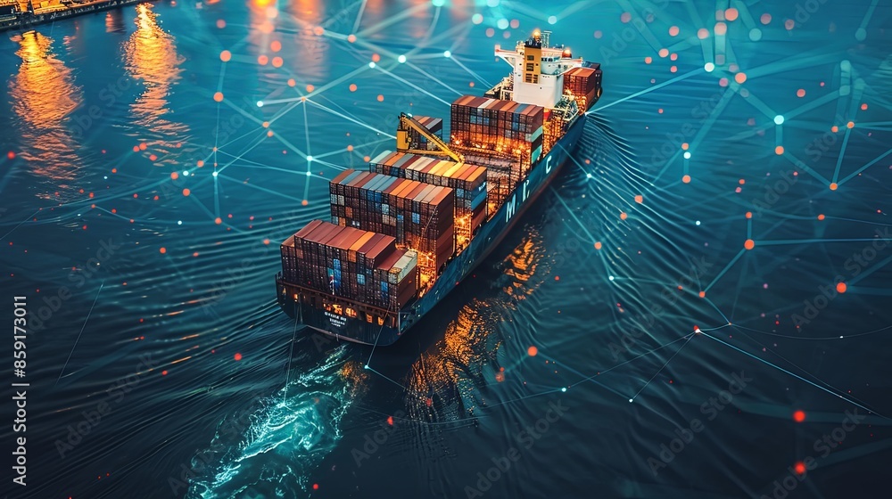 This image shows a container ship illuminated by digital networks on ...