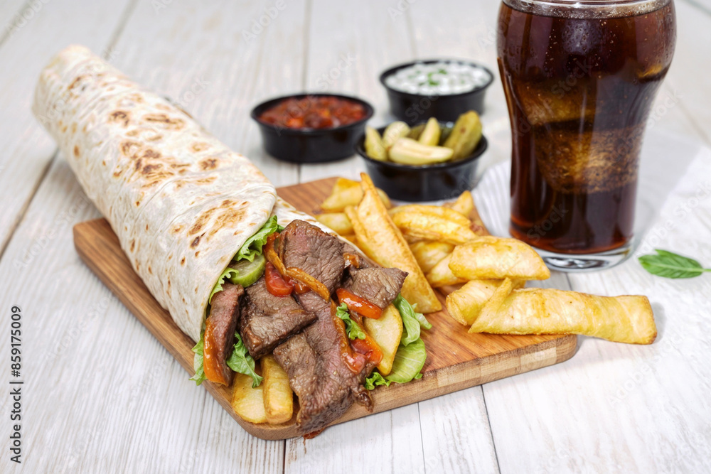Doner kebab wrap in lavash bread. Traditional Turkish cuisine doner ...