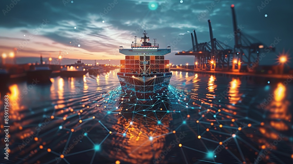 A container ship enters a well-lit port with an overlay of digital ...