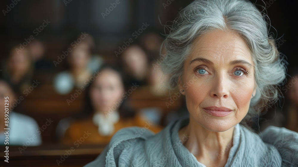 A senior woman with gray hair, wearing historical gray attire, sits in ...