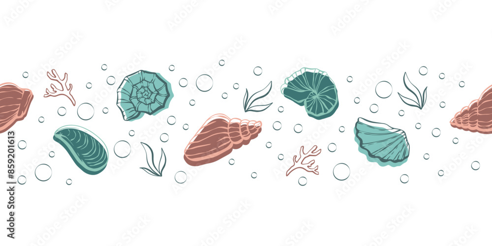Seamless underwater sea world pattern with shells and bubbles. Clam ...