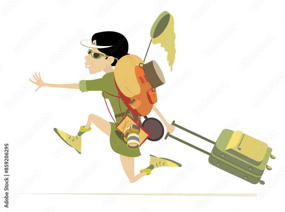 Happy running traveler woman. Smiling running tourist woman with ...