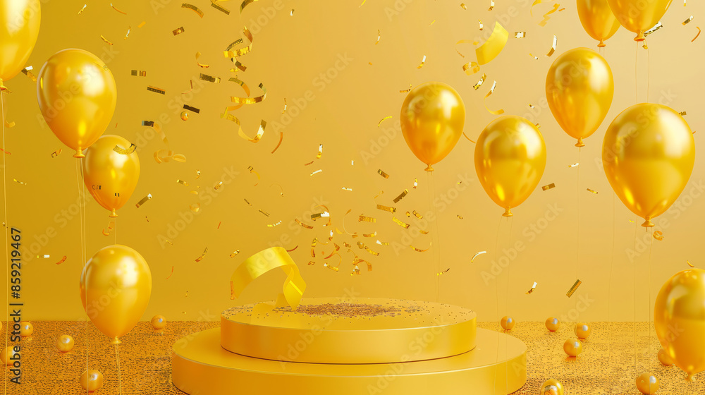 Golden podium with birthday balloons and gifts on a festive gold ...