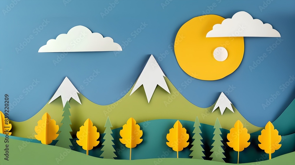 papercraft mountain landscape with a yellow sun, white clouds, green ...