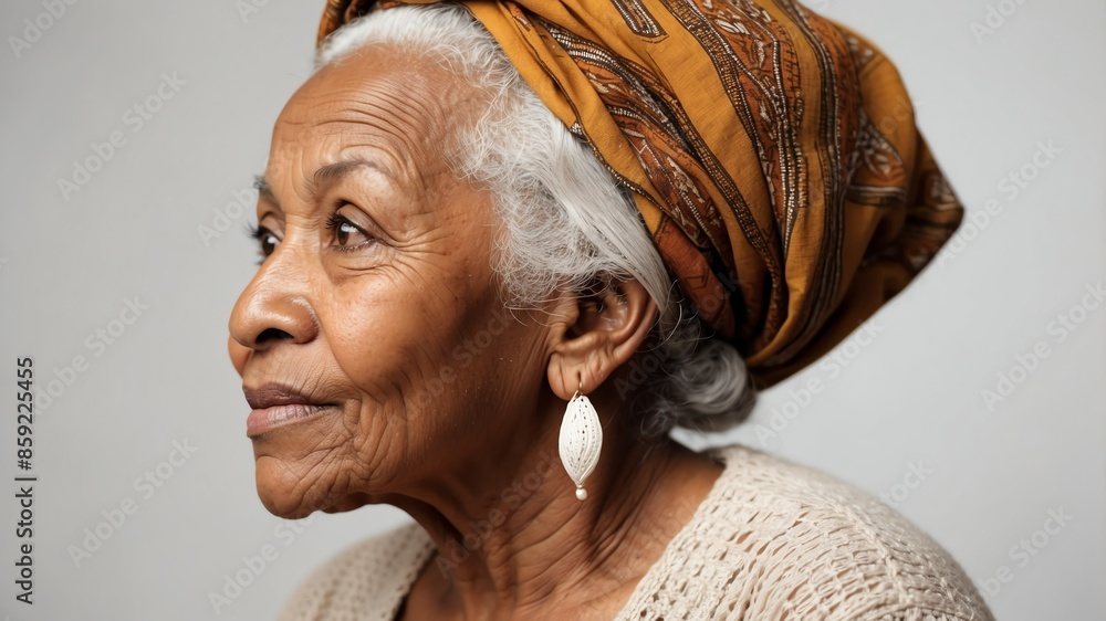 elderly beautiful african woman side view portrait on plain white ...