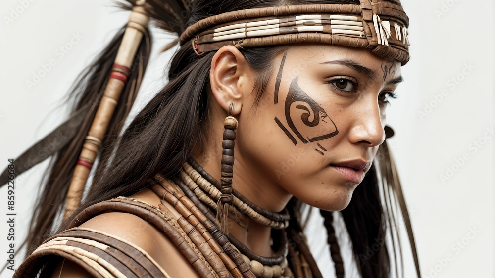 female tribal warrior side view portrait on plain white background ...