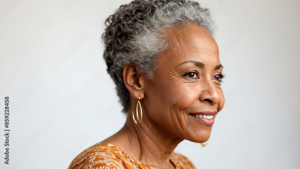 mature beautiful african woman side view portrait on plain white ...
