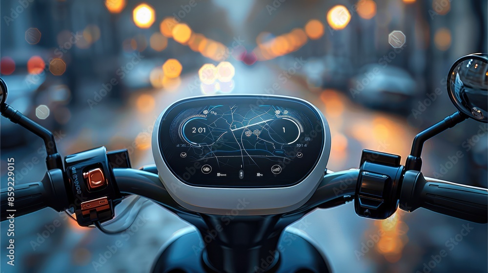 A modern electric scooter handlebar dashboard. The dashboard should be ...