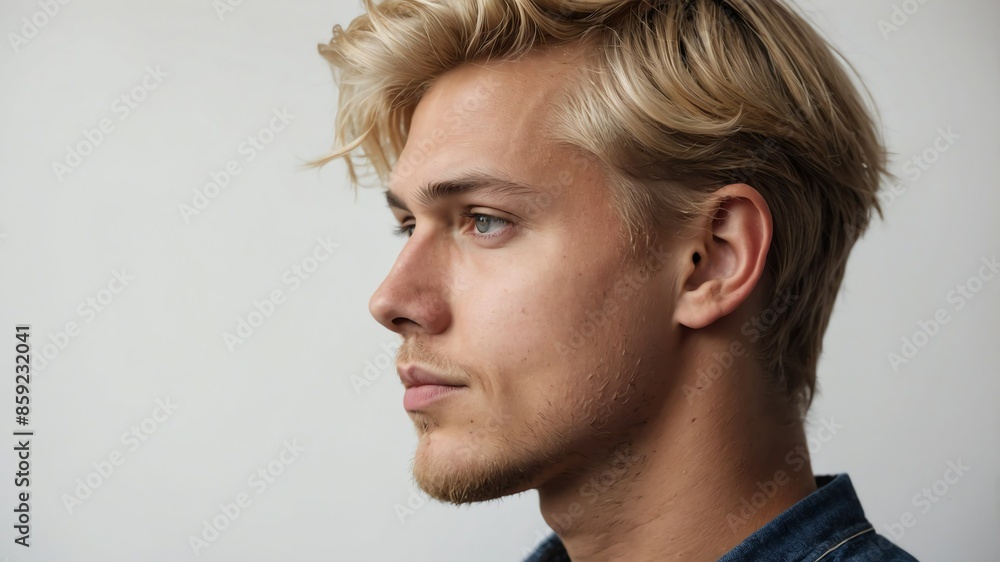 young handsome blonde guy side view portrait on plain white background ...