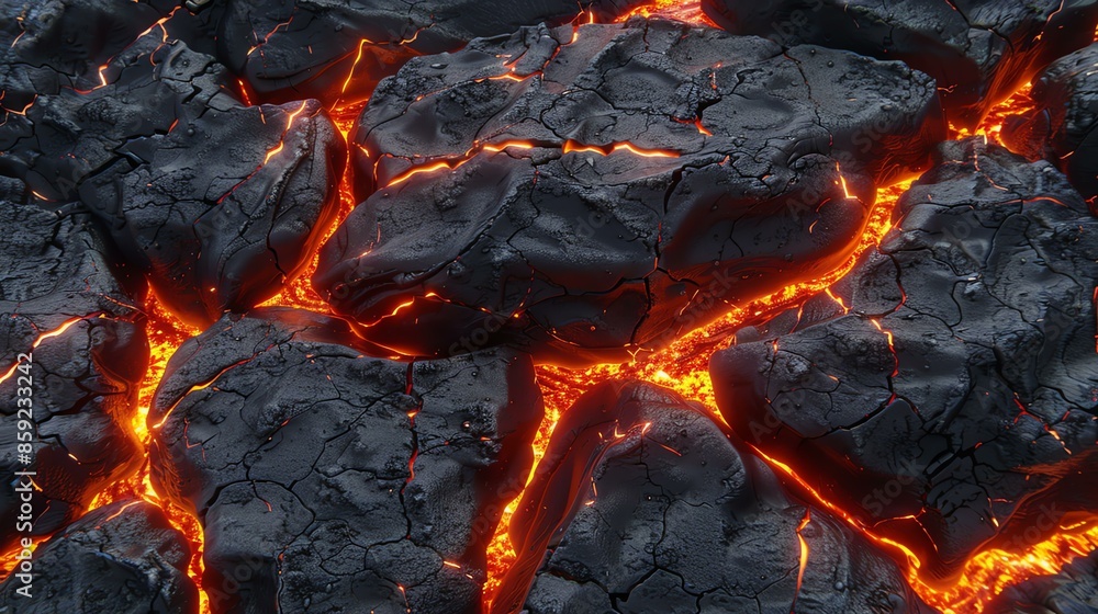 Molten rock glows and flows over a cracked and broken surface. The heat ...