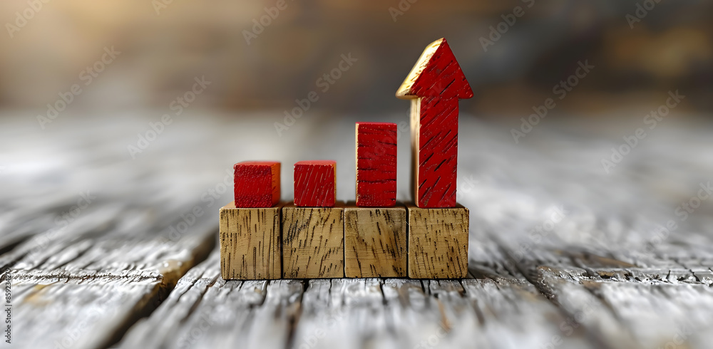 Wooden blocks with upward red arrow and graph bar chart on white ...