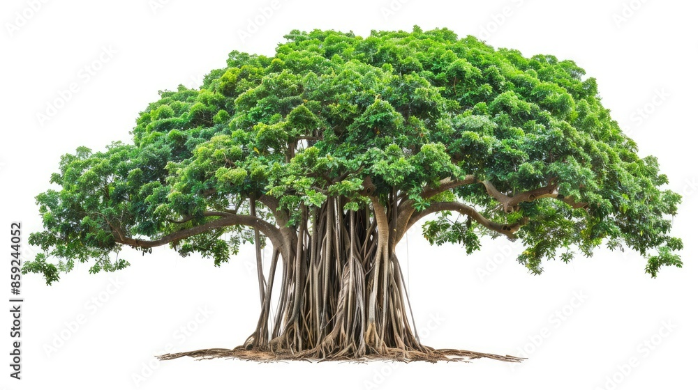 Charming banyan tree with cascading aerial roots, standing out vividly ...