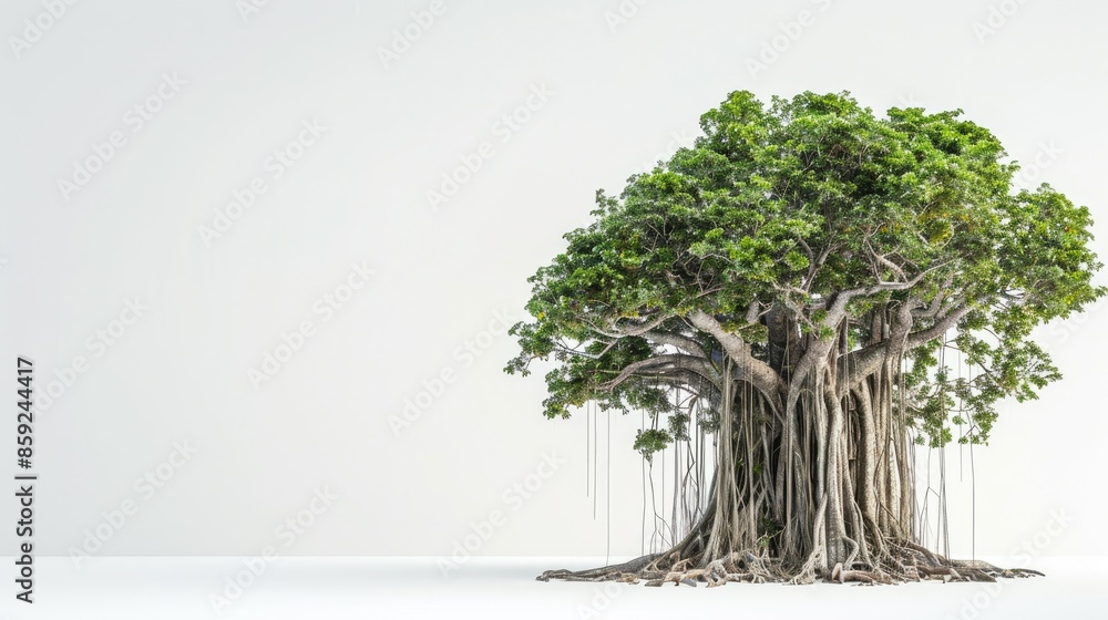 Charming banyan tree with cascading aerial roots, standing out vividly ...