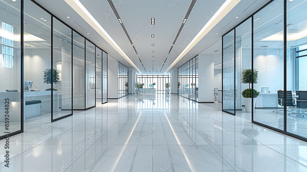 A modern minimalist trading company office, white walls on both sides ...
