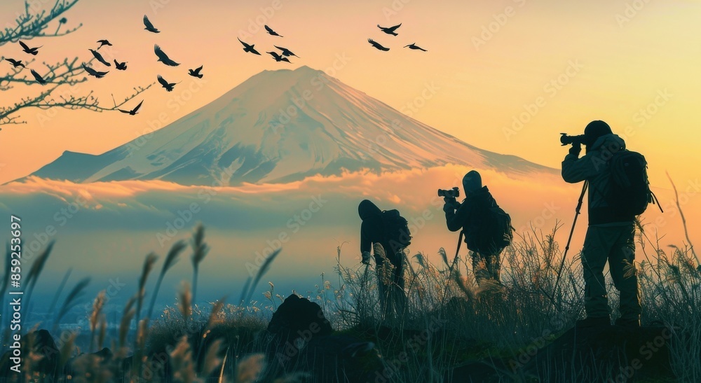 Bird Watching Bird watchers observing migratory birds with Mt Fuji as ...