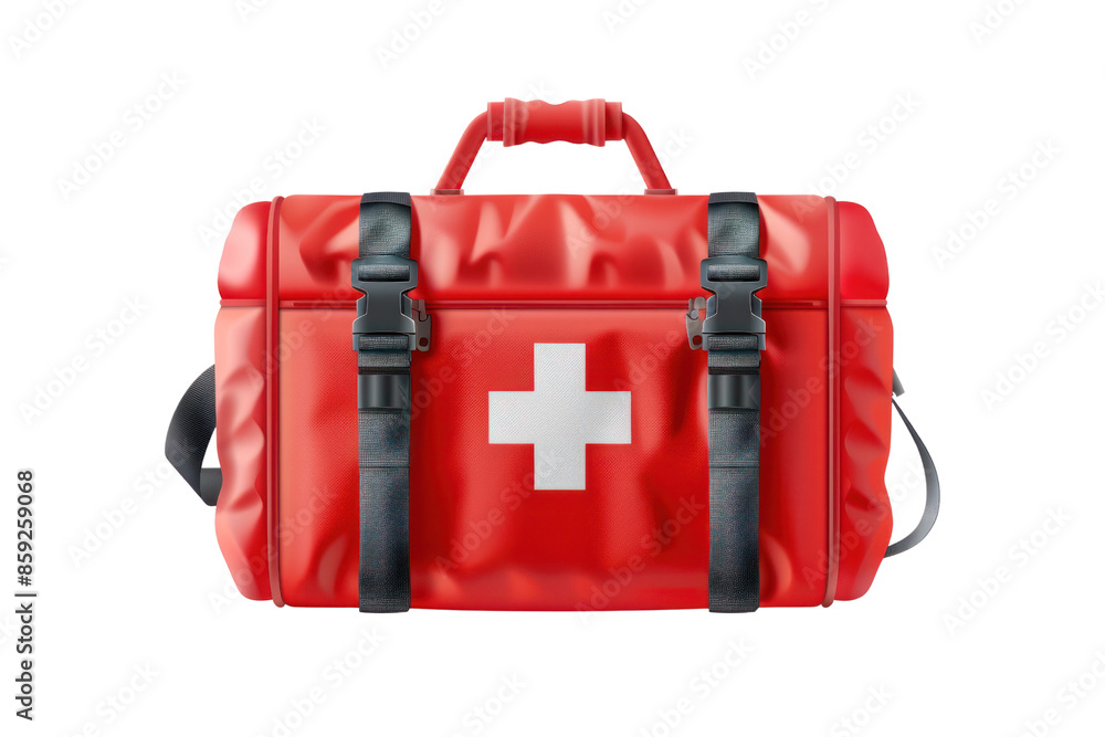 Red first aid kit bag with a white cross symbol, essential for emergency medical situations and ...