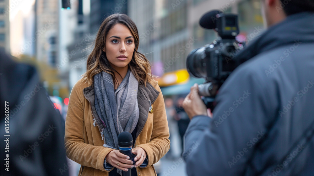 A beautiful female journalist is conducting an interview with an ...