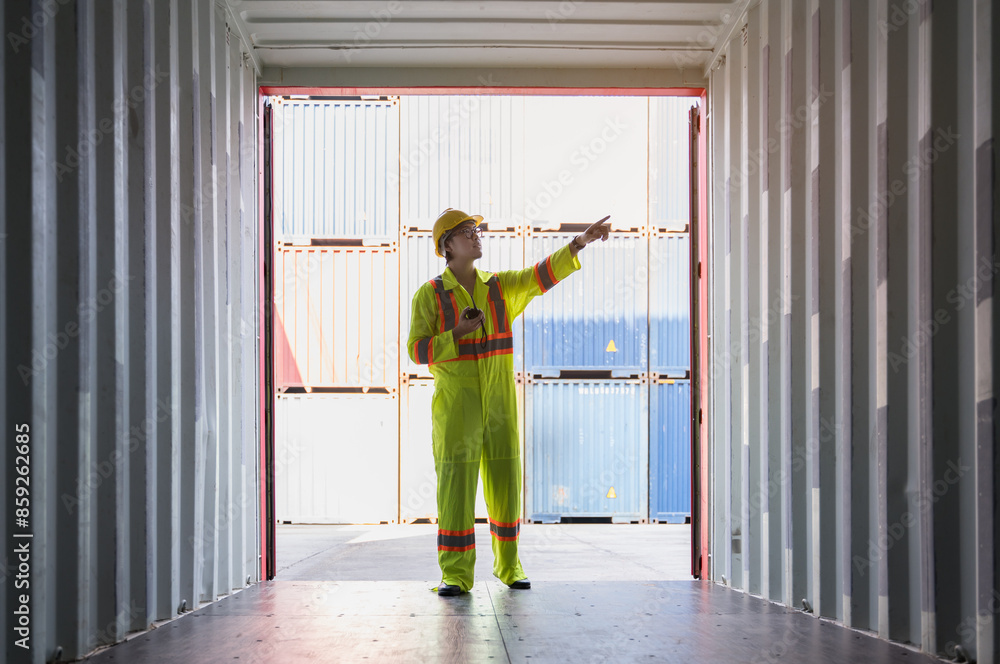 Engineer wearing yellow safety helmet and reflective vast standing ...