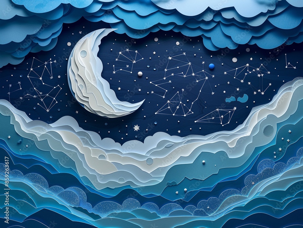 A magical 3D papercut night sky with constellations and a full moon ...