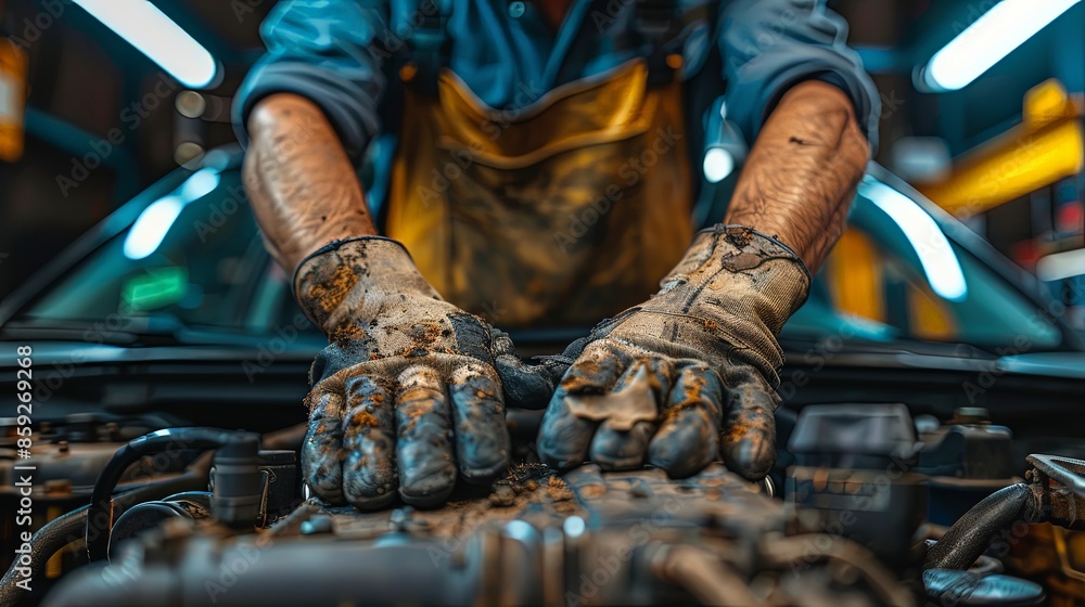 Foto de This photograph showcases a mechanic with gloved hands ...