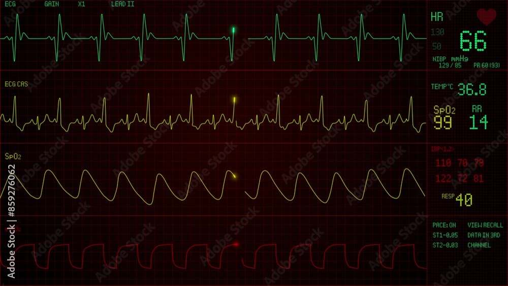 Patient monitor displays vital signs ECG electrocardiogram EKG, oxygen ...