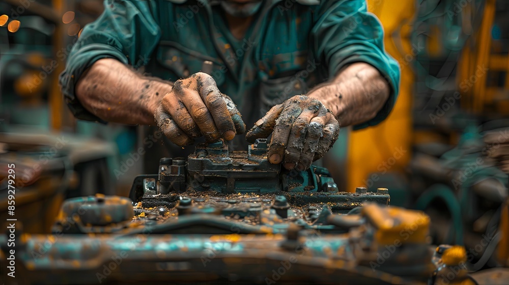 Mechanic adjusting engine components with greasy hands in an auto ...
