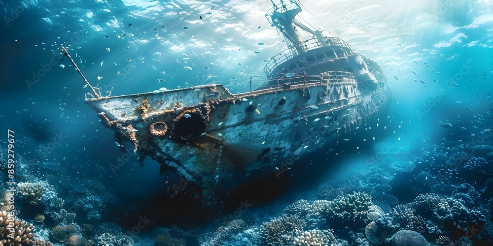 An old sunken ship covered by coral reefs in the ocean. Concept ...