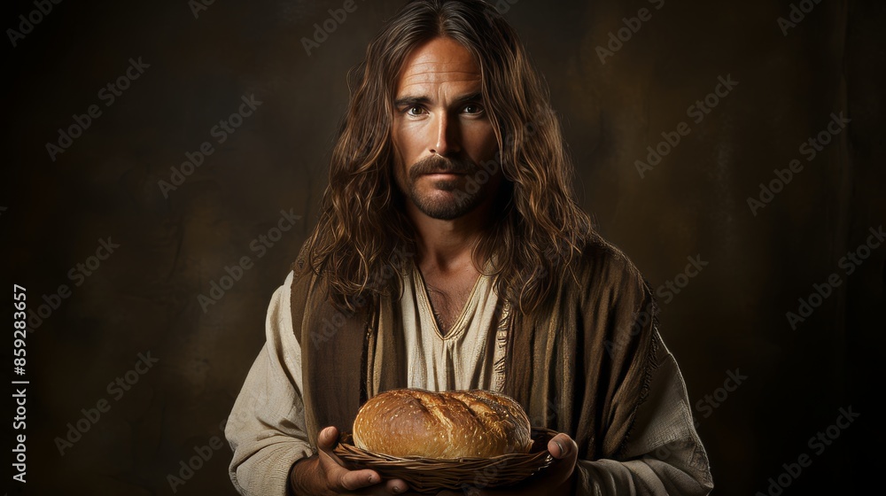 Jesus holding bread for symbolic holy communion with misty background ...
