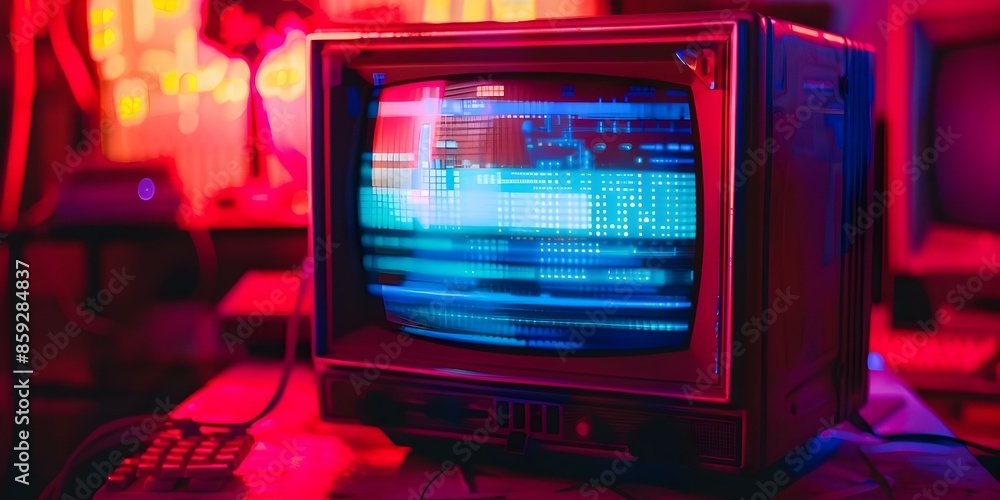 Vintage computer screen with 80s retro wave style and VHS glitch ...