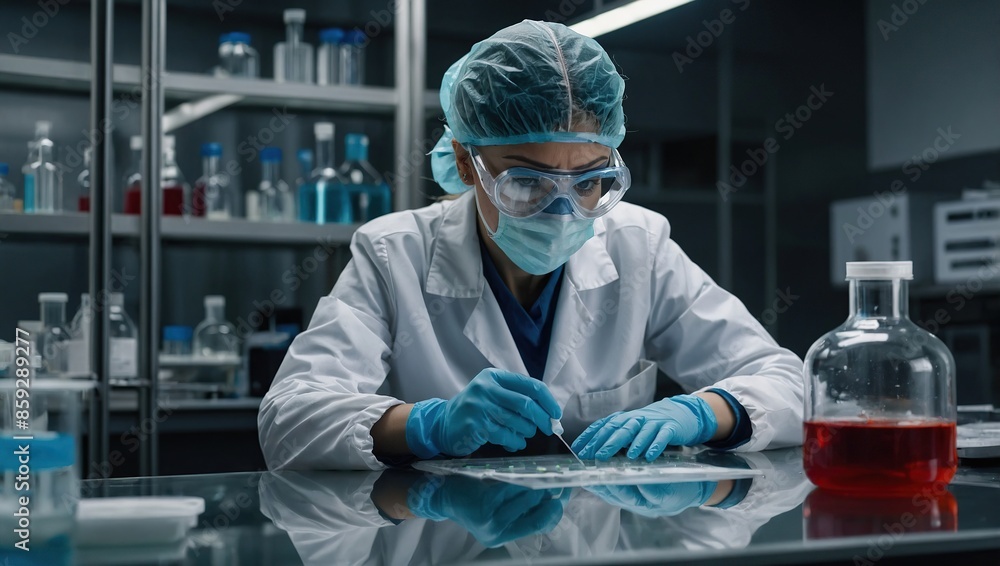 Serious concentrated female microbiologist in sterile clothing and ...