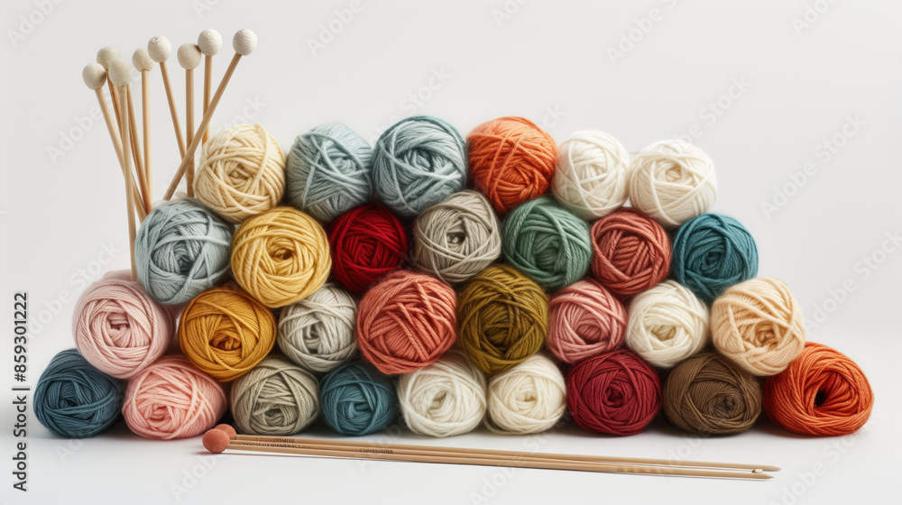 Colorful yarn balls building a composition on a white background ...