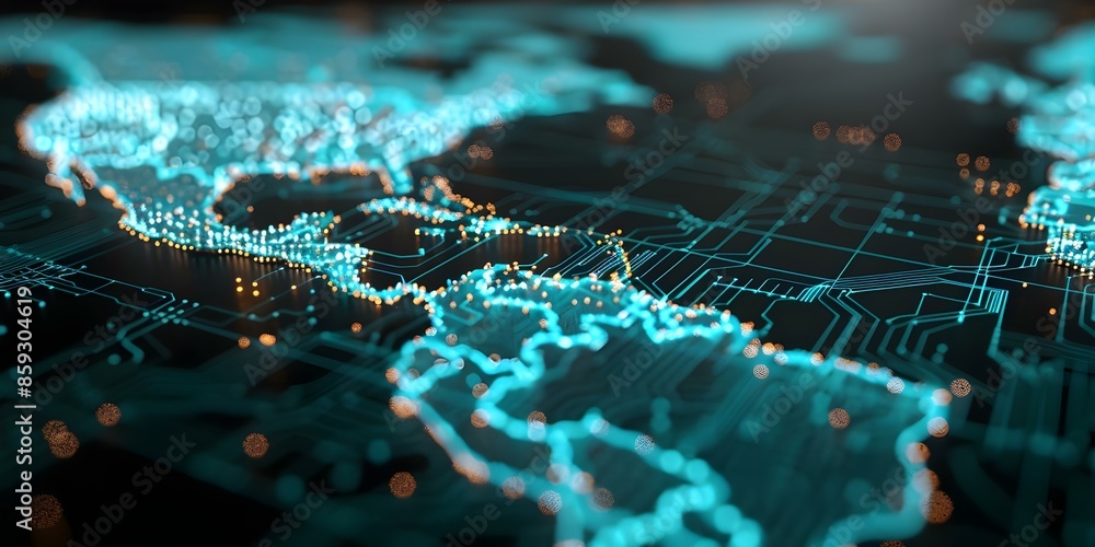 Create a global network map with black teal and orange color scheme ...