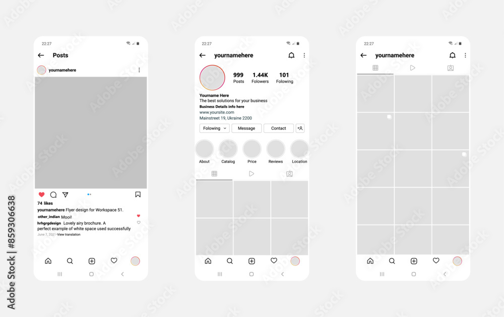 Instagram UI templates on white background. Post, profile, home page ...