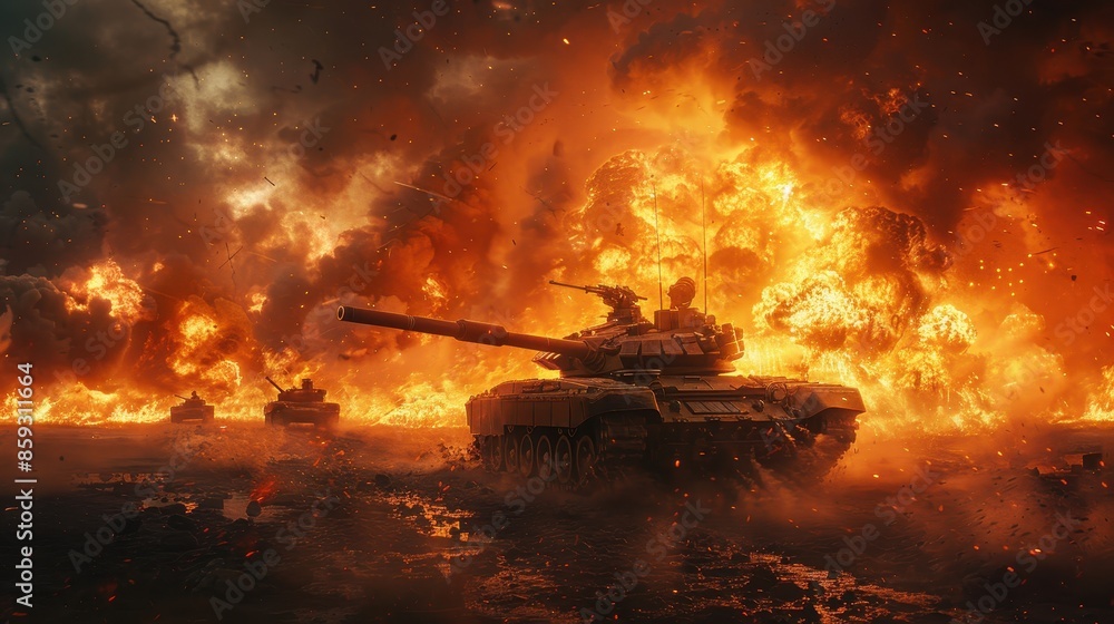 This cinematic image depicts a dramatic tank battle amidst intense ...
