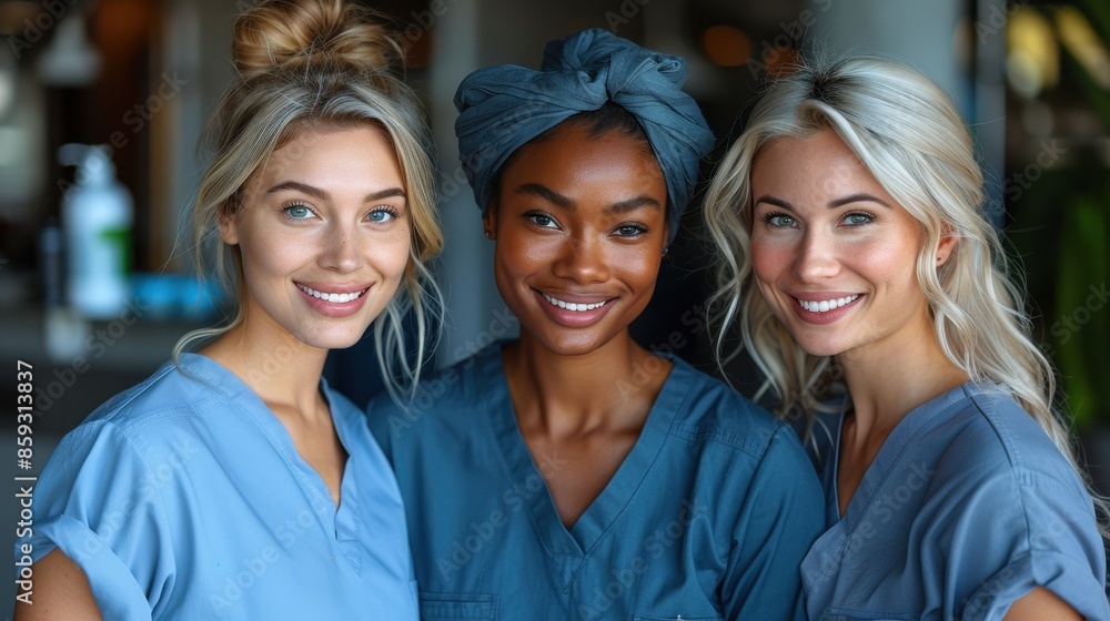 Three dedicated nurses in blue scrubs smile warmly at the camera. Their ...