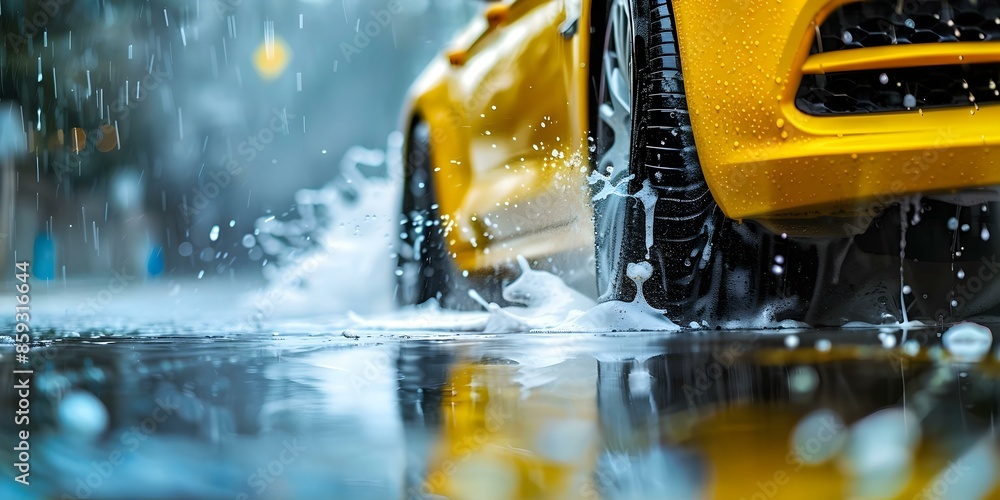 Yellow car wash shampoo creates foamy water splashes for professional ...