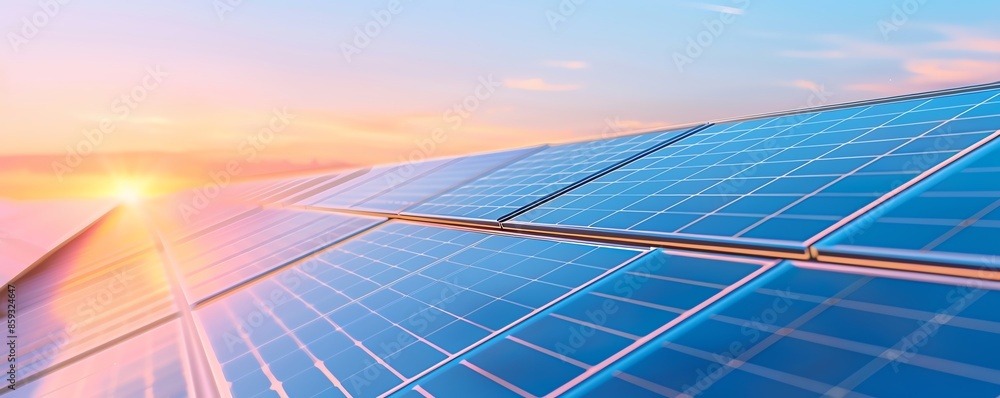 Solar panels reflecting sunlight at sunrise, representing renewable ...