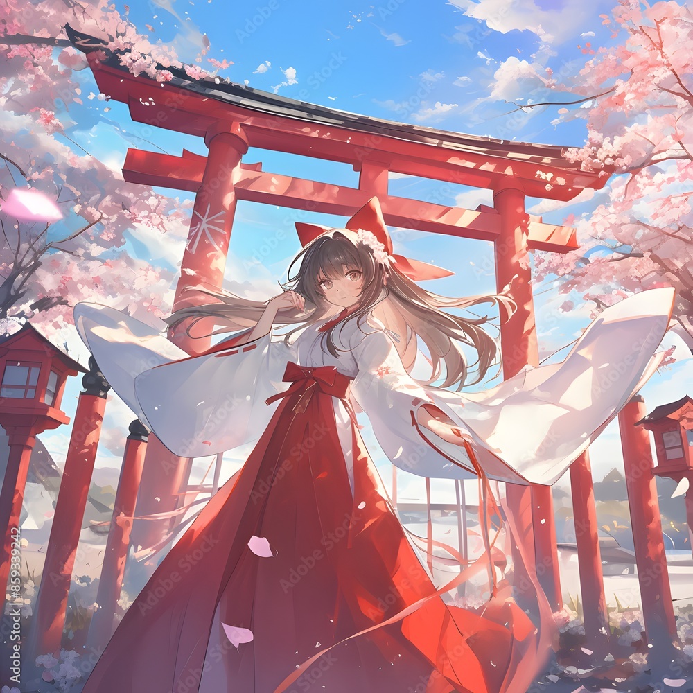 Anime girl dressed as a traditional shrine maiden, surrounded by cherry ...