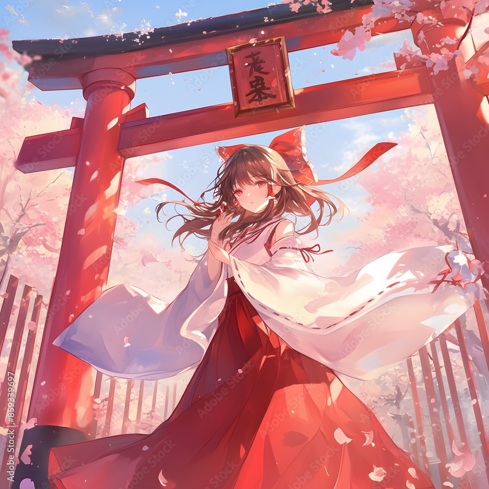 Anime girl dressed as a traditional shrine maiden, surrounded by cherry ...