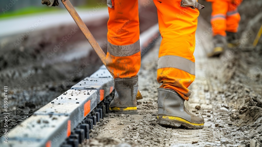 groundworker in orange and yellow hiviz carrying heavy concrete edging ...